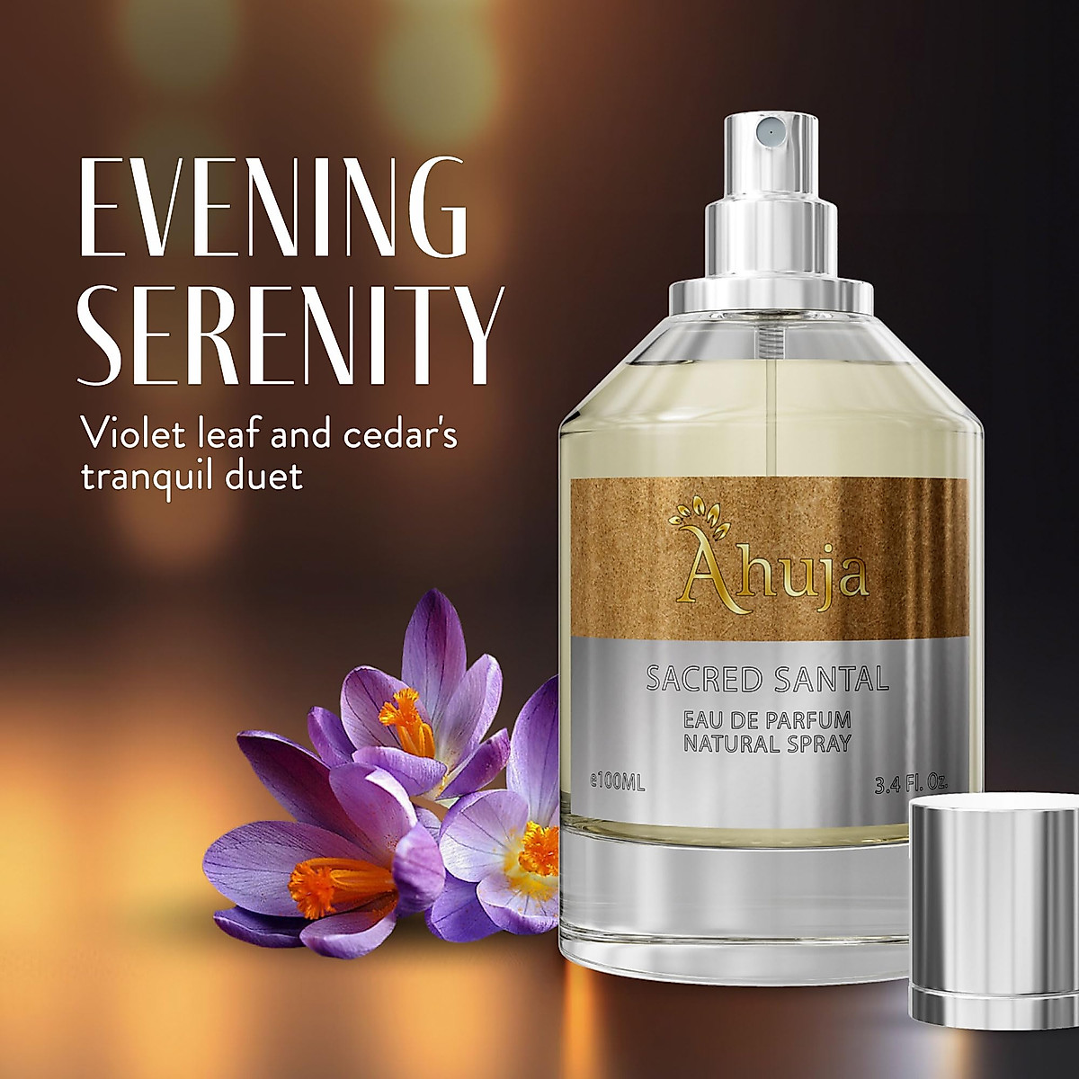 AHUJA Sacred Santal Eau de Parfum 3.4 fl oz -Unisex Perfume,Sandalwood,Violet Leaves and Cardamom,Earthy Woody Scent w/Spicy Notes,Best Alternative for Santal 33