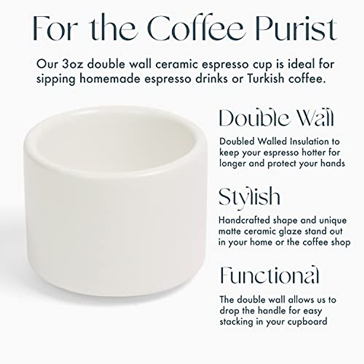 Folk Ceramics Leonard Double Walled Ceramic Espresso Cups | Set of 2, 3oz, Whisper White | Modern Insulated Stackable Demitasse Mugs for Espresso| Handleless, Durable, Dishwasher & Microwave Safe