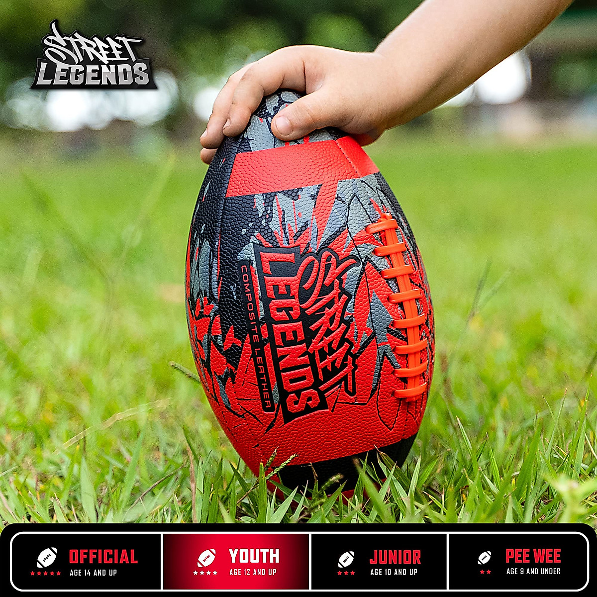 Street Legends Youth Football for Kids, Graffiti Printed Composite Leather Size 8 Football- Includes Pump, Made for Training, Practicing, & Recreational Play (Red)