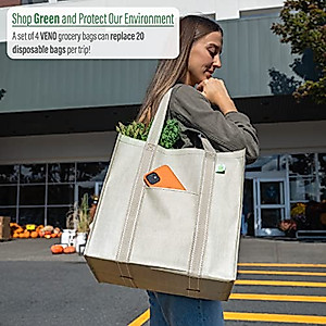 VENO 4 Pack Reusable Grocery Shopping Bag w/bottle holder, Hard bottom, Foldable, Multipurpose Heavy Duty Tote, Daily Utility bag, Stands Upright, Sustainable (Set of 4, Beige)