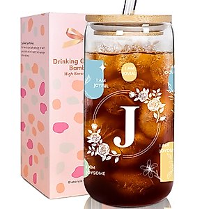 Initial Glass Cups with Lids and Straws, Personalized Gifts for Women 18 oz Iced Coffee Cup Glass Tumbler, Cute Glass Cups Inspirational Birthday Christmas Gifts for Women Girls (J)
