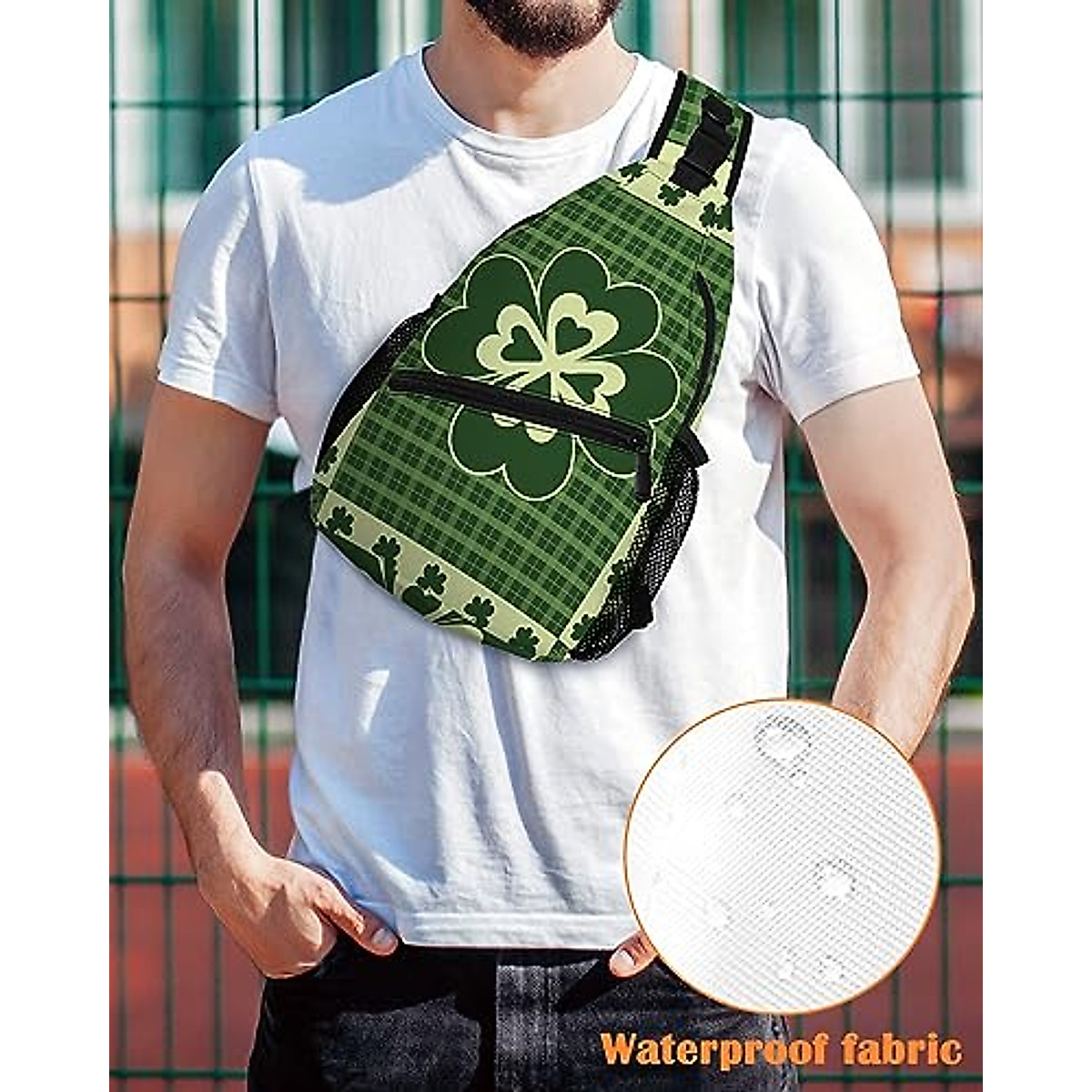 Sling Backpack, St. Patrick's Day Lucky Shamrock Green Check Waterproof Lightweight Small Sling Bag, Travel Chest Bag Crossbody Shoulder Bag Hiking Daypack for Women Men