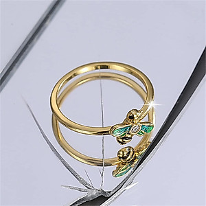 CZ Bee Promise Band Ring for Women 14K Gold Plated Dainty Cute Crystal Blue Green Bumblebee Honeybee Statement Stackable Finger Rings Comfort Fit Fashion Birthday Wedding Holiday Jewelry Gift Size 8