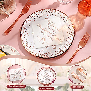 150 Pcs Bridal Shower Rose Gold Party Supplies Napkins Plates Forks Tableware Disposable Dinnerware Set for Bridal Shower Wedding Engagement Bachelorette Party Decorations (Cheers Style)
