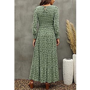 Annebouti Women's 2023 Fall Casual Long Sleeve Maxi Dress Boho Tiered Smocked Office A-Line Modest Floral Long Dresses for Women Olive M
