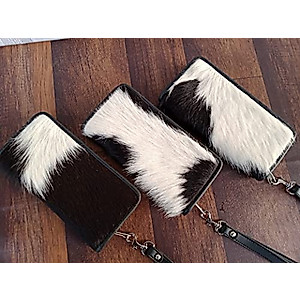 Womens Zipper Wristlet Cowhide Clutch - Black White Cow Hide Cow Skin Leather Hand Clutch Zip Phone Wallet Clutch Card Case 8' X 4' - Gift for her