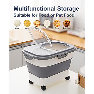 DDMOMMY 20-30Lbs Rice Storage Container,Collapsible Food Storage Containers with Rolling Wheel Airtight Locking Lid,Flour Storage Container with Cup and Scoop,Suitable for Food,Rice,Pet Food,Flour