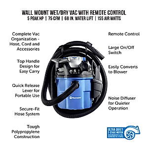 Vacmaster VWM510 5-Gallon 5 Peak HP Remote Control Wall Mount Wet/Dry Shop Vacuum , Blue