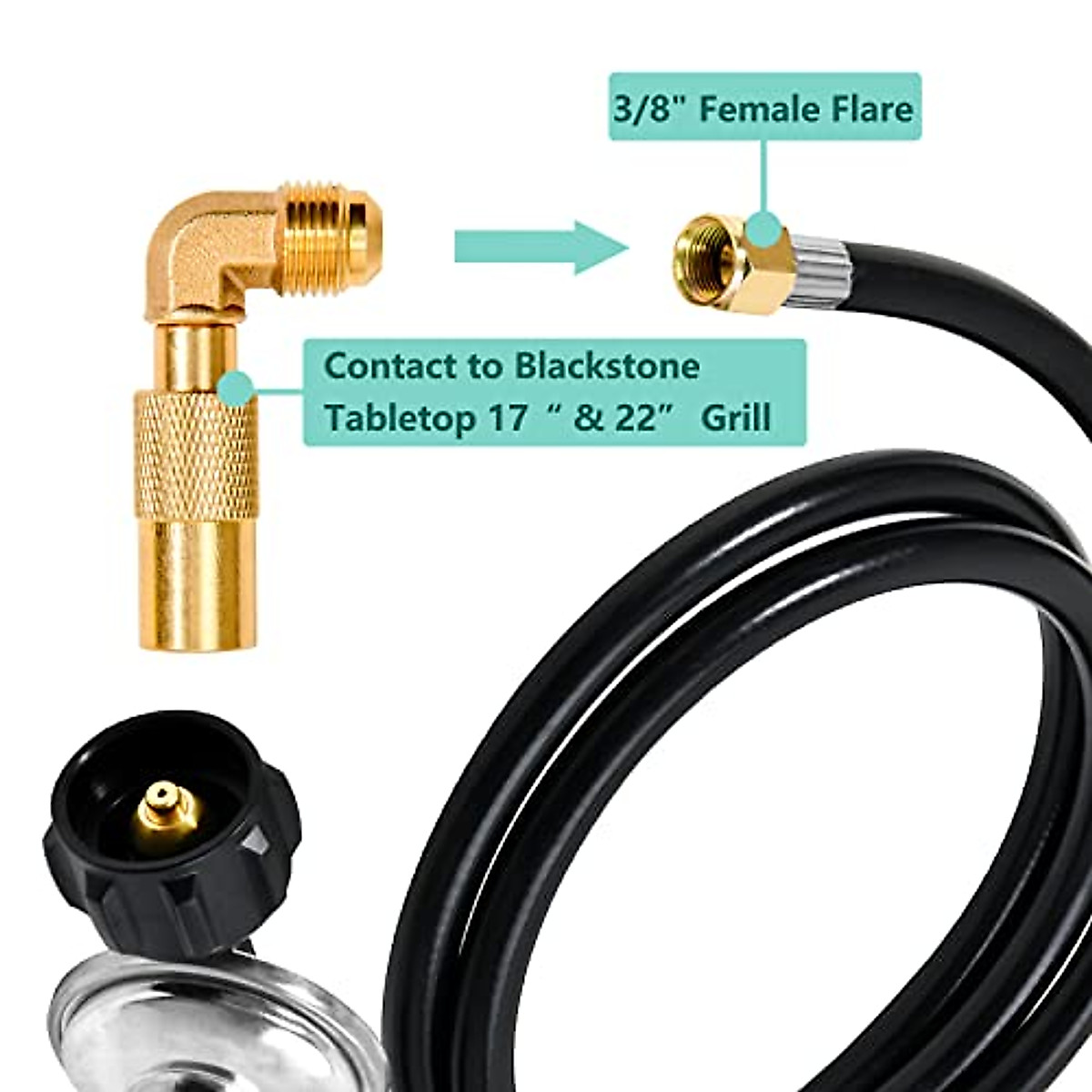 KTUOPEE 6 Feet Low Pressure Propane Adapter Hose with Regulator for Blackstone 17" and 22" Tabletop Flat Top Griddle, QCC1 Universal Grill Regulator Replacement Parts with Solid Brass Elbow Adaptor