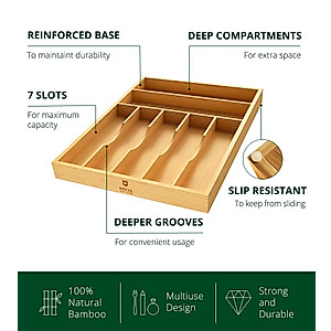 ROYAL CRAFT WOOD Luxury Bamboo Kitchen Drawer Organizer - Silverware Organizer and Cutlery Tray with Grooved Drawer Dividers for Flatware and Kitchen Utensils (7 Slot, Natural)
