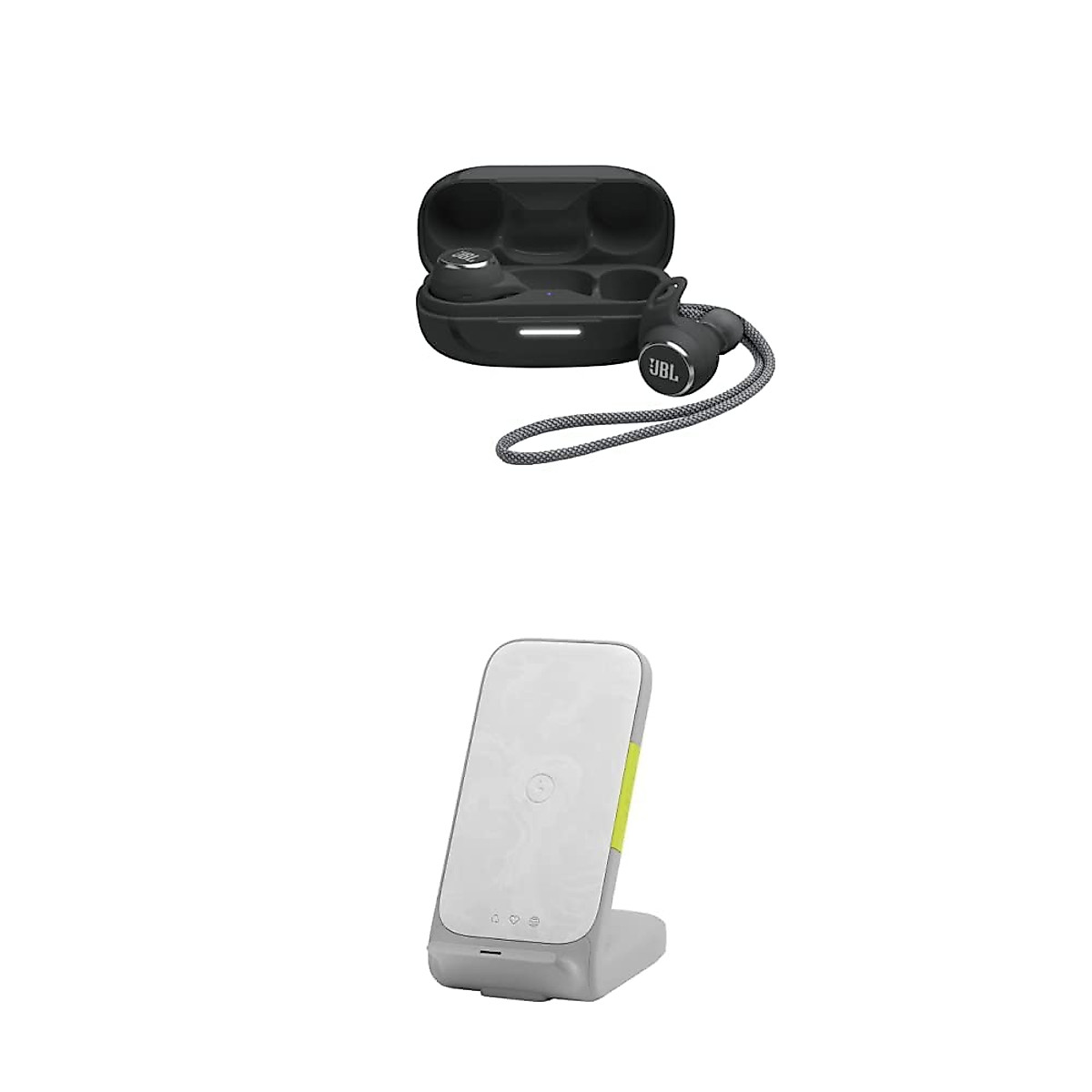 JBL Reflect Aero TWS (Black) and InfinityLab InstantStation Wireless Stand 33W PD USB-C and USB-A Compact Fast Charging Wireless Charger (White)