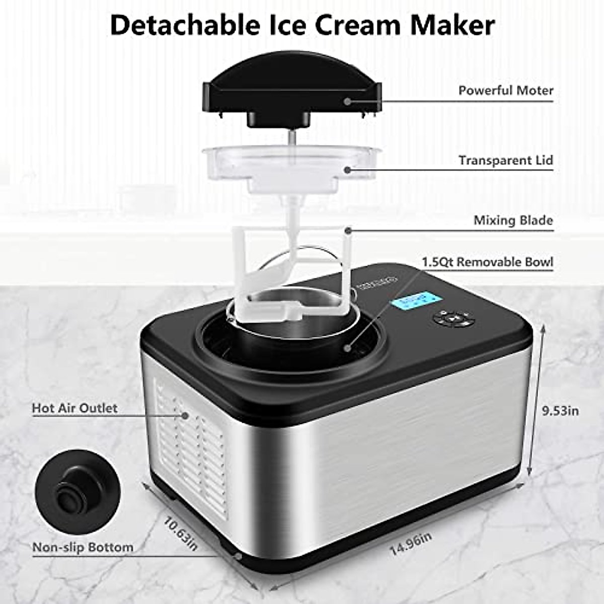 KUMIO 1.5 Quart Ice Cream Maker with Compressor, No Pre-Freezing, 4 Modes Ice Cream Maker Machine with LCD Display, Timer, Automatic Gelato & Yogurt Machine, Stainless Steel