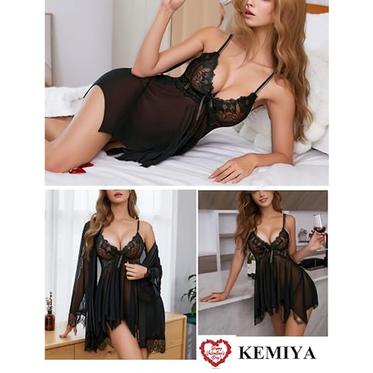 KEMIYA Lingerie for Women Lace Babydoll Sleepwear Boudoir Outfits V Neck Sleepwear Strap Chemise Black X-Large
