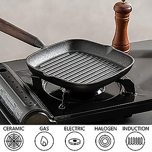 JUSTUP Cast Iron Square Grill Pan, Nonstick Grill Pan with Pour Spouts, Pre-Seasoned Ridged Skillet with Heat Resistant Handle, Cooking Pan for Steak, Egg, Bacon,PFOA Free (Black)