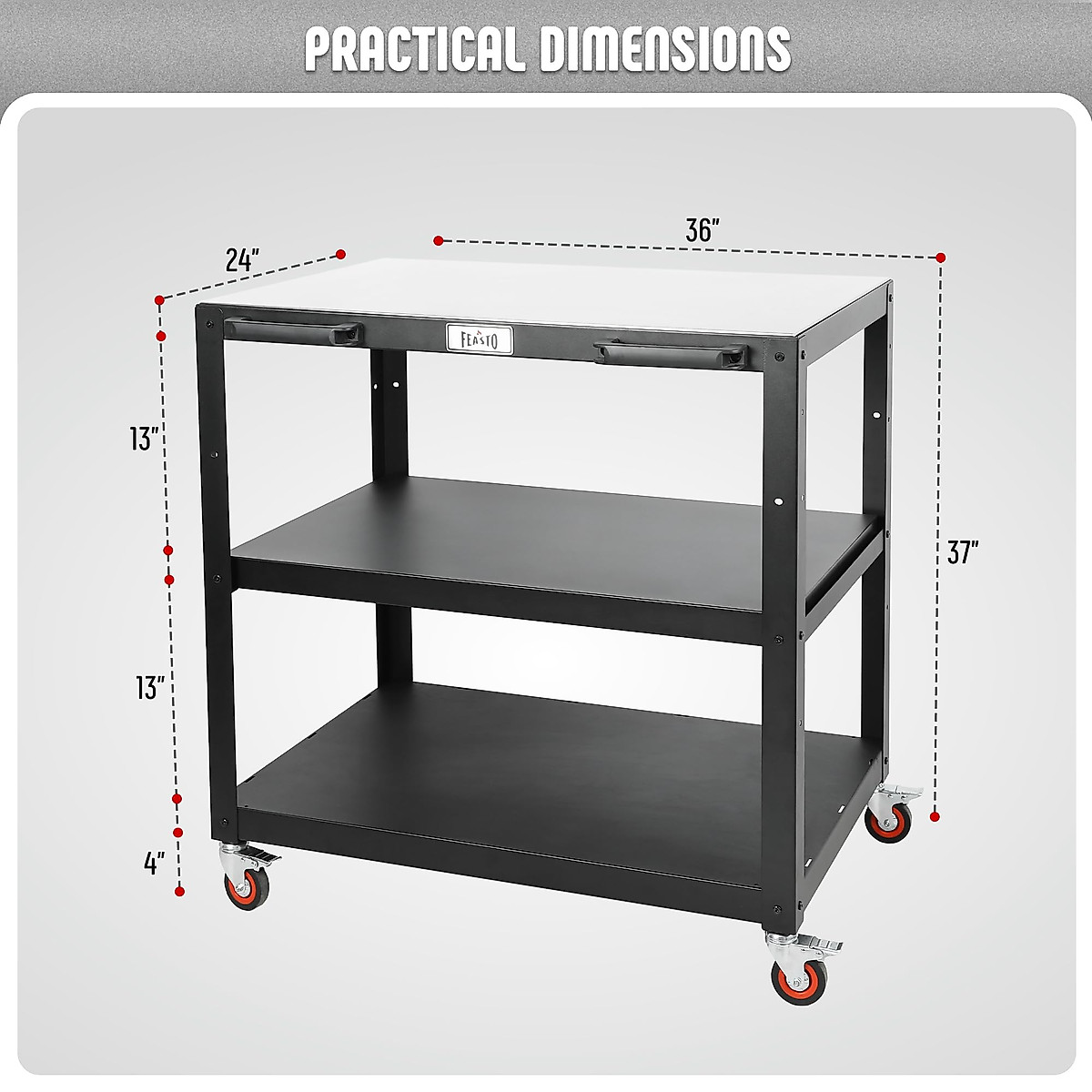 Feasto Large Movable Pizza Oven Table for Outdoor, 36''x 24'' Tabletop Stainless Steel Grill Cart with Wheels, 3-Shelf Outdoor Kitchen Prep Table Pizza Oven Stand on Wheels for Ooni 16, Blackstone
