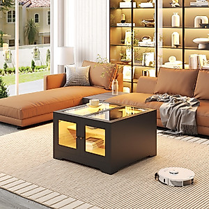 Fameill Square LED Coffee Table with Storage Space, Modern Black Wooden Coffee Table with Glass, Living Room Central Table, Cocktail Table for Living Room, Conference Room and Bedroom