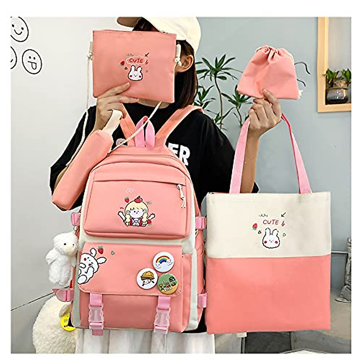 5Pcs Cute Backpack Set Kawaii School Bags Supplies Laptop Bookbag Aesthetic Ita Bag Back to School Stationary Accessories (Black)
