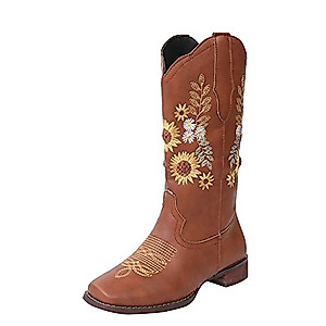 Chunky Heel Cowgirl Boots Vintage Western Boots Cowboy Cowgirl Motorcycle Boots Sunflower Embroidered for Womens Boot Brown
