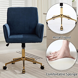 Stripes Velvet Home Office Desk Chair Accent Upholstered Modern Height Adjustable 360° Armchairs with Gold Base for Women Girls Ergonomic Study Seat Computer Task Stools for Living Room（Navy Blue）