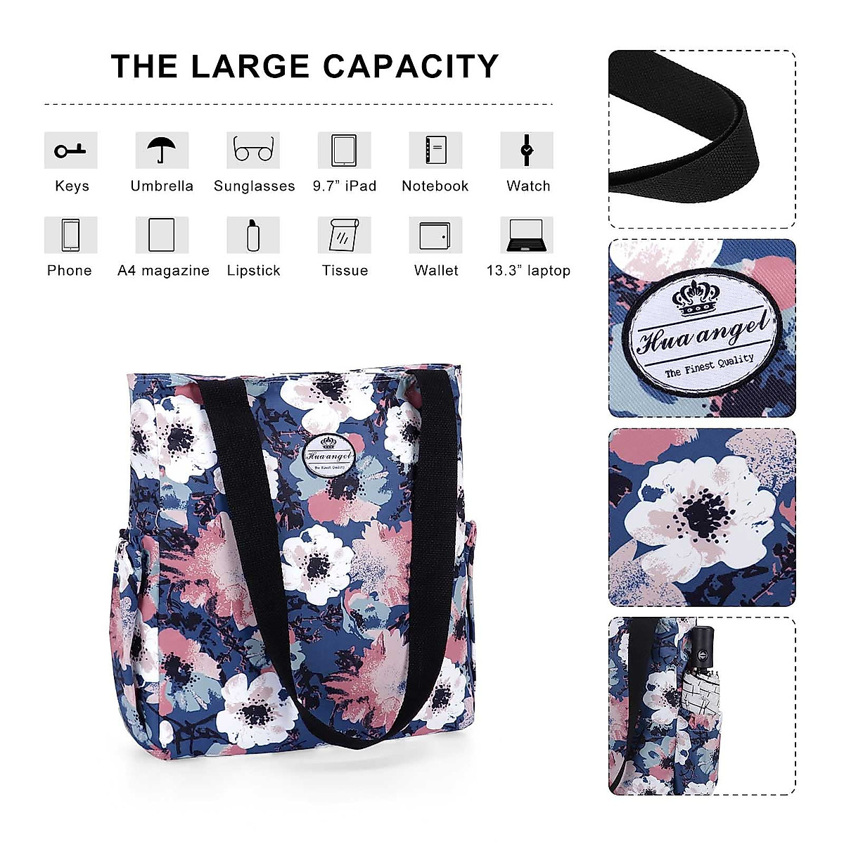 HUA ANGEL Floral Tote Bag - Casual Shoulder Bag Daily Tote Bag with Zipper Gym Travel Shopping Work Handbag for Women