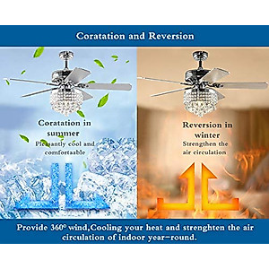 Tropwellhouse LuxureFan 52" Crystal LED Chrome Ceiling Fan Light Fixture Gorgeous Crystal 5 Reverse Wood Blades Modern Chandelier with Remote Control Decoration Home/Living Room