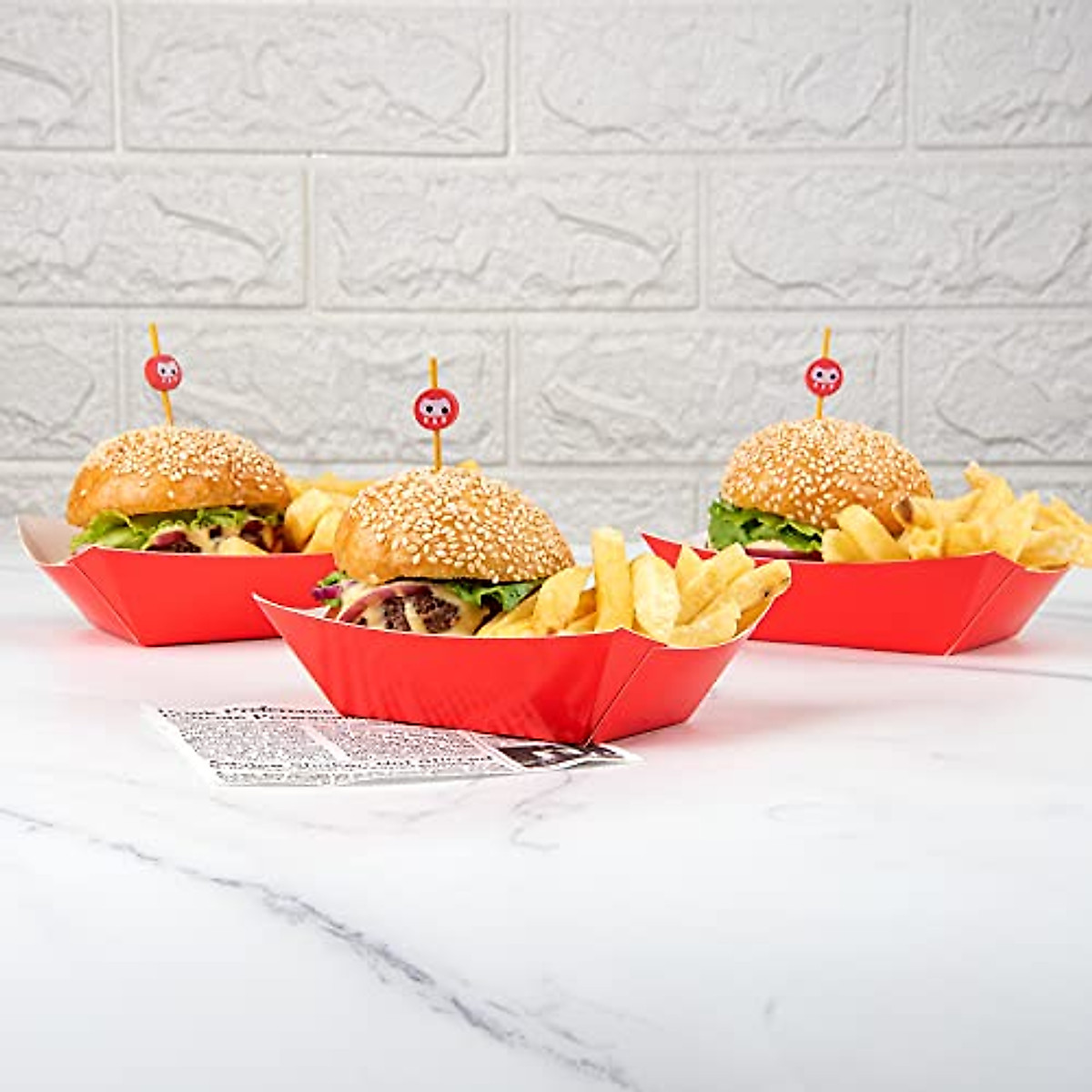 Restaurantware Bio Tek 3.3 x 2 x 1.5 Inch Food Boats, 50 Disposable Food Trays - Portable, Versatile, Red Paper Popcorn Boats, For Snacks, Appetizers, Or Treats, Use At Parties Or Carnivals