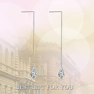 Threader Earrings Sterling Silver Teardrop Drop Pull Through Threader Earrings with Cubic Zirconia