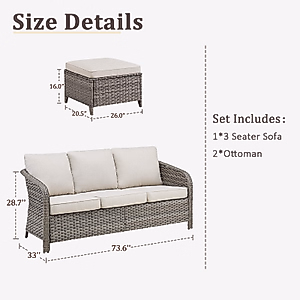 LUMIINOFAMI 3 Piece Patio Couch PE Wicker 3-seat Sofa, 73.6'' Long Outdoor Couch Patio Sofa with 2 Ottoman, Barrel-Shaped Wicker Sofa Outdoor Furniture Rattan Wicker Sofa for Patio Deck Porch