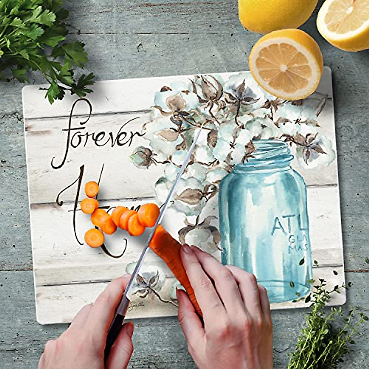 CounterArt Cotton Boll Decorative 3mm Heat Tolerant Tempered Glass Cutting Board 10” x 8” Manufactured in the USA Dishwasher Safe