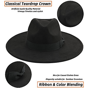 Pro Celia Big Wide Brim Fedora Hat for Women Large Felt Panama Rancher Hat (Black)