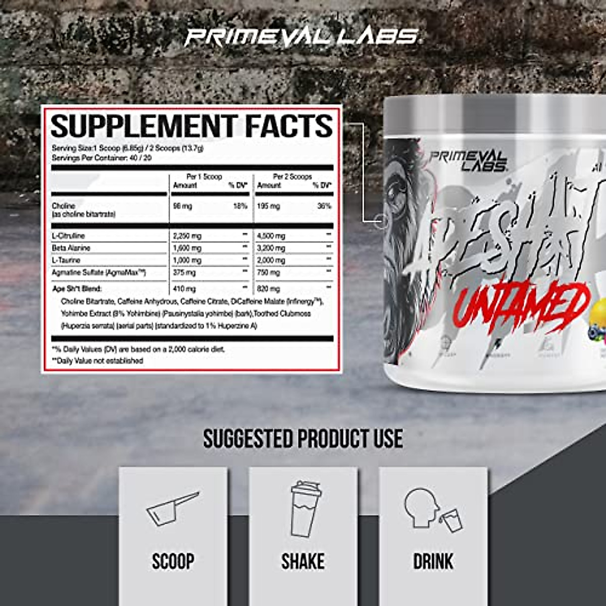 Primeval Labs Ape Untamed Pre Workout Energy Drink Powder, 40 Servings Smashberry | Max Support for Pumps & Focus | Increased Performance | Nitric Oxide Production with L-Citrulline, Beta Alanine