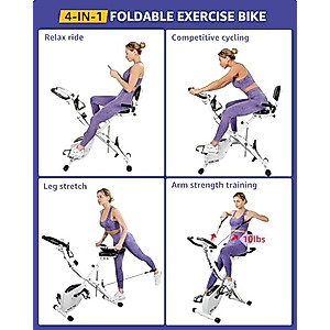 KURONO Stationary Exercise Bike for Home Workout | 4 IN 1 Foldable Indoor Cycling Bike for Seniors | 300 LB Capacity More Magnetic Resistance Seat Backrest Adjustments - White