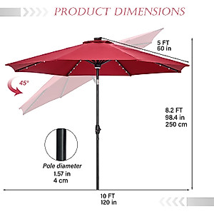 GDY 10Ft Patio Umbrella, Solar Powered 40 LED Lighted Aluminum Outdoor Table Market Umbrella with Tilt and Crank, Center Light (Charming Red)
