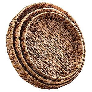 Cedilis 3 Pack Fruit Tray Weaving by Grass, Woven Serving Tray, Round Serving Basket, Decorative Tray Storage Bins for Serving Bread, Fruit, Vegetables, Snack, Tea, Parties Kitchen Organizer