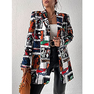 WDIRARA Women's Graphic Print Button Front Long Sleeve Causal Work Blazer Jacket Coat Multicolor White M