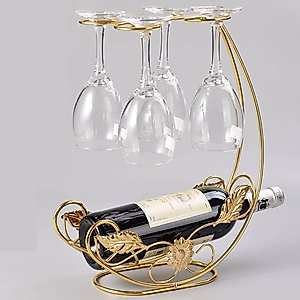 Homya Tabletop Wine Rack, Metal Fine Forged Wine Glass Holder, Kitchen Bar Wine Glass Display Holder, Holds 1 Wine Bottle and 4 Wine Glasses, Table Wine Bottle Accessories, Gold
