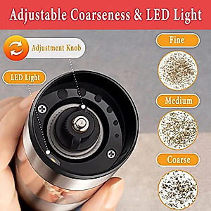 Rechargeable Electric Salt and Pepper Grinder Set with Holder - Nicely Packaged Giftable - No Battery Needed - Automatic Pepper Mill & Adjustable Coarseness & LED Light Refillable - Stainless Steel