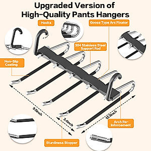 Pants Hangers Space Saving - 2 Pack Closet Organizer and Storage Jean Hangers, Stainless Steel Anti-Slip Clothes Hanger Scarf Holder Pants Hangers for Pants Jeans Leggings Trousers Pant Rack, Black