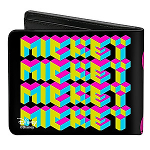 Buckle-Down Men's Disney Wallet, Bifold, CMYK Mickey Mouse Walking Pose Pixel Text Black Multi Neon, Vegan Leather, Multicolor, Standard Size