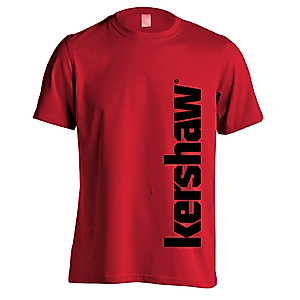 Kershaw Logo Medium Short Sleeve Tee Shirt; Basic Red Crew Neck T-Shirt Made with 100% Cotton; Black Logo Vertical on Side; Tag-Free Neck Label; Pre-Shrunk; Unisex; Multi-Sized