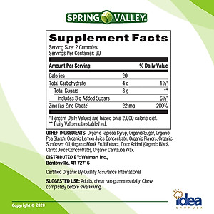 Zinc Adult Organic Vegetarian Gummy, Optimal Immune System Support, 22mg, 60ct (3 Pack) + "Vitamins & Minerals A to Z - Better Idea Guide"