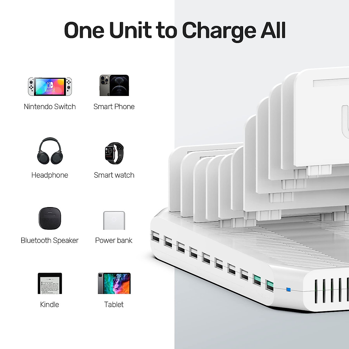 iPad Charging Station, Unitek 96W 10-Port USB Charging Dock Hub with Quick Charge 3.0, Charging Stand Compatible Multiple Device, Charging 8 iPads Simultaneously - [Upgraded Divider]