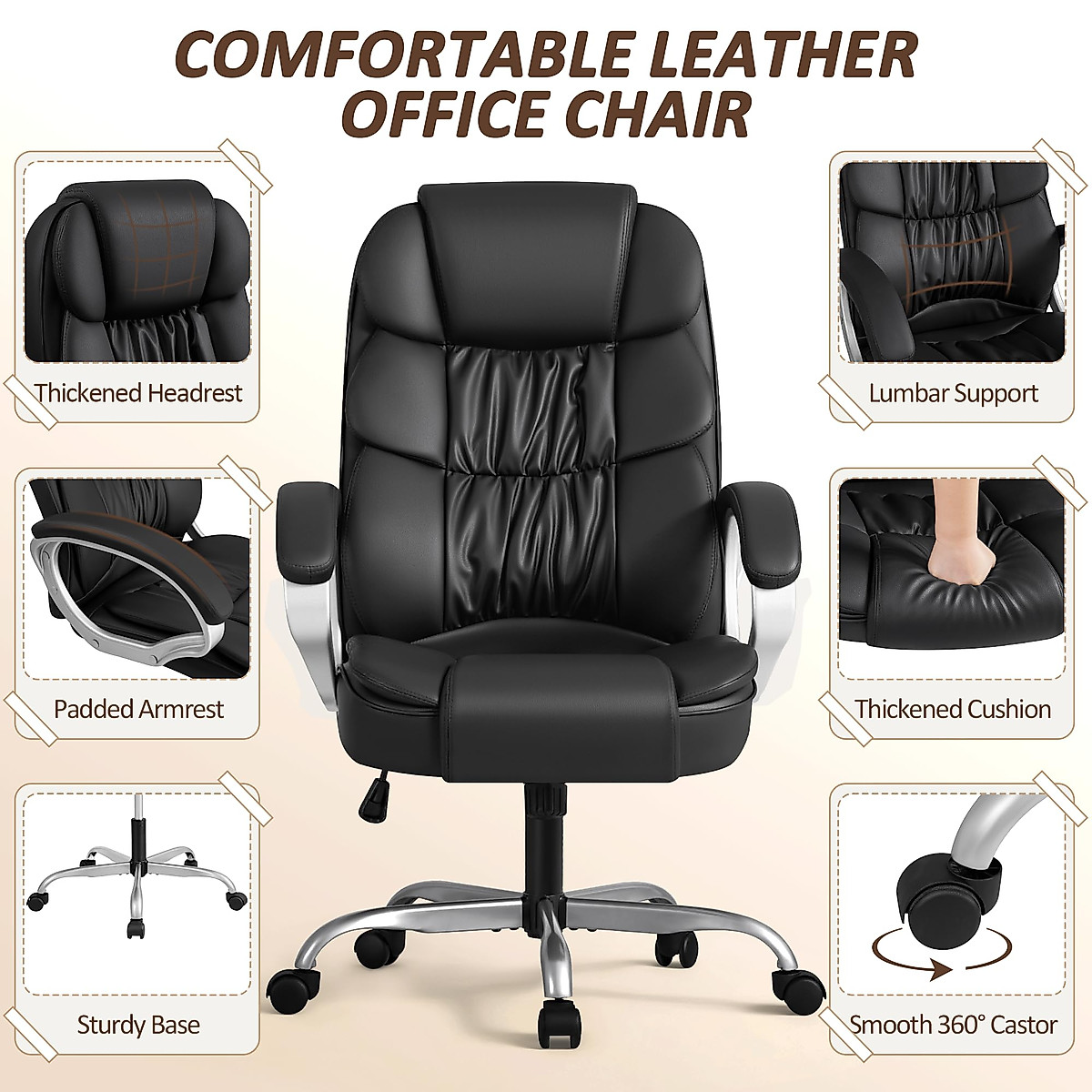 Homall Office Chair High Back Computer Chair Ergonomic Desk Chair, PU Leather Adjustable Height Modern Executive Swivel Task Chair with Padded Armrests and Lumbar Support (Black)