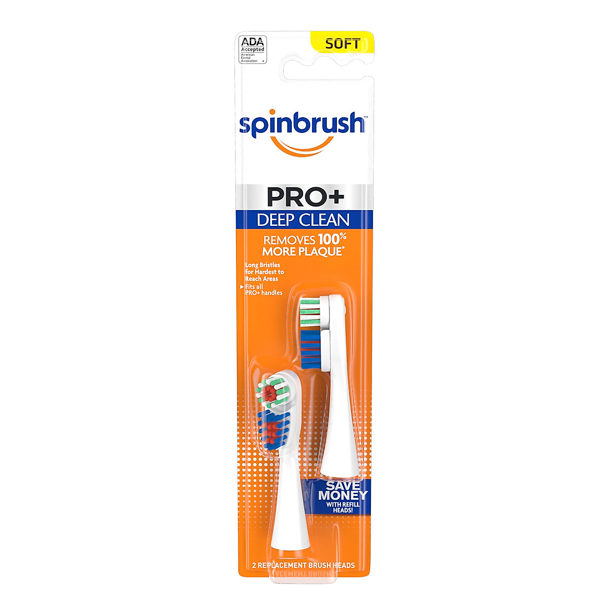 Spinbrush ARM & HAMMER PRO+ Deep Clean REFILLs– Battery Powered Toothbrush Removes 100% More Plaque- Soft Bristles -Two Replacement Heads (Packing may vary)