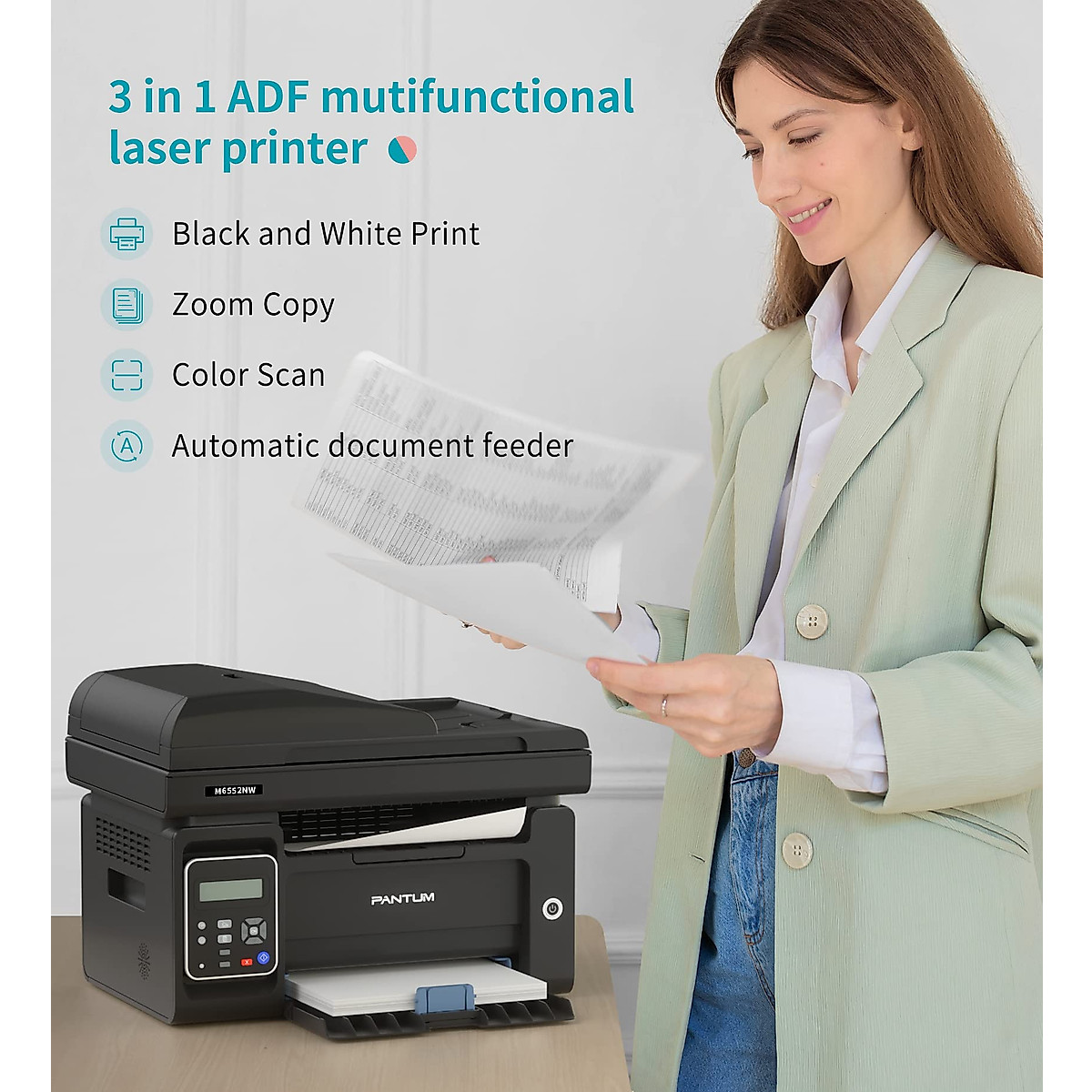 Pantum M6552NW All in One Laser Printer Scanner Copier with Auto Document Feeder, Wireless Multifunction Black and White Laser Printer, Black