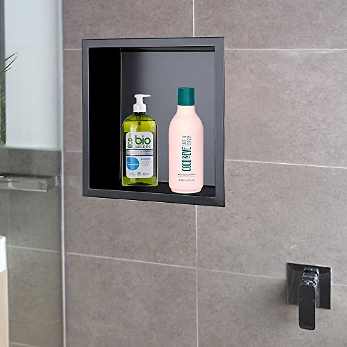 GoodHomeDeco17.5“ X 17.5” (Inner size 16X16") Stainless Steel Shower Niche Modern and Elegant Design, Easy to Install, Perfect for Shampoo and Soap Storage (16 inches, Black)