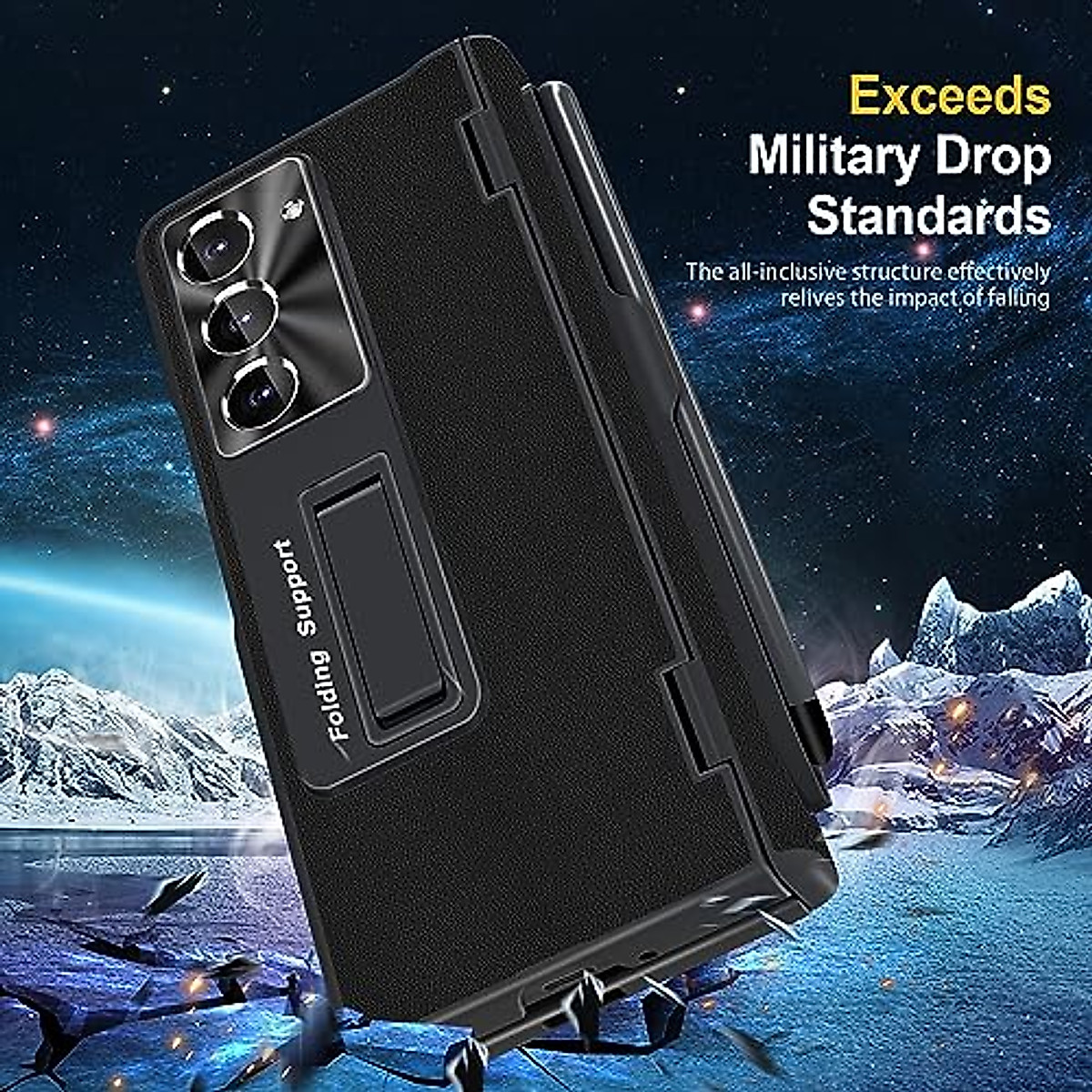 Fingic for Samsung Galaxy Z Fold 5 Case [with S Pen & Built in Screen Protector & S Pen Holder ] Kickstand Hinge Protection Military Grade Drop Tested 360° Full Body Protective Phone Case,7.6"(Black)