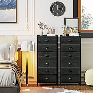 Furnulem Tall Dresser with 6 Drawers,Vertical Bedside End Table & Chest for Bedroom,Black Storage Tower Dorm Nightstand with Fabric Drawer Organizer Unit Furniture in Living Room,Closet,Hallyway