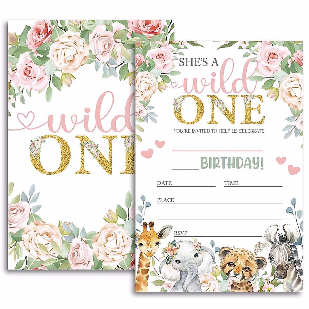 FujLoy Wild One Birthday party Invitations, Wild One Invitations, Jungle Theme, Animals Birthday Party Invites.（060）