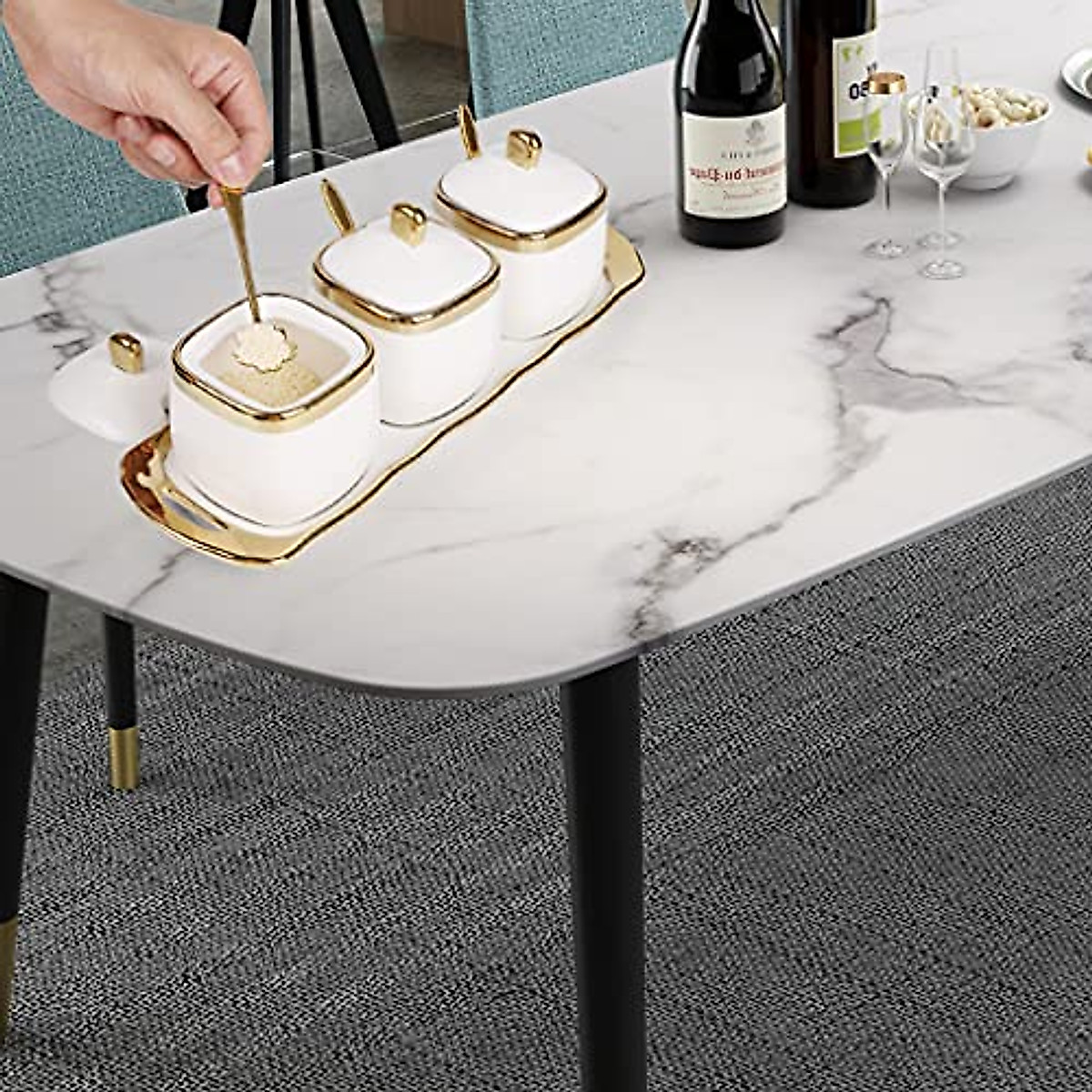 Fvstar Ceramic Sugar Bowls 3pcs Porcelain Spice Pots Salt Containers Condiment Jar Seasoning Storage Jar with Spoon and Tray,Sugar Jar for Kitchen,Coffee Bar, Countertop(White)